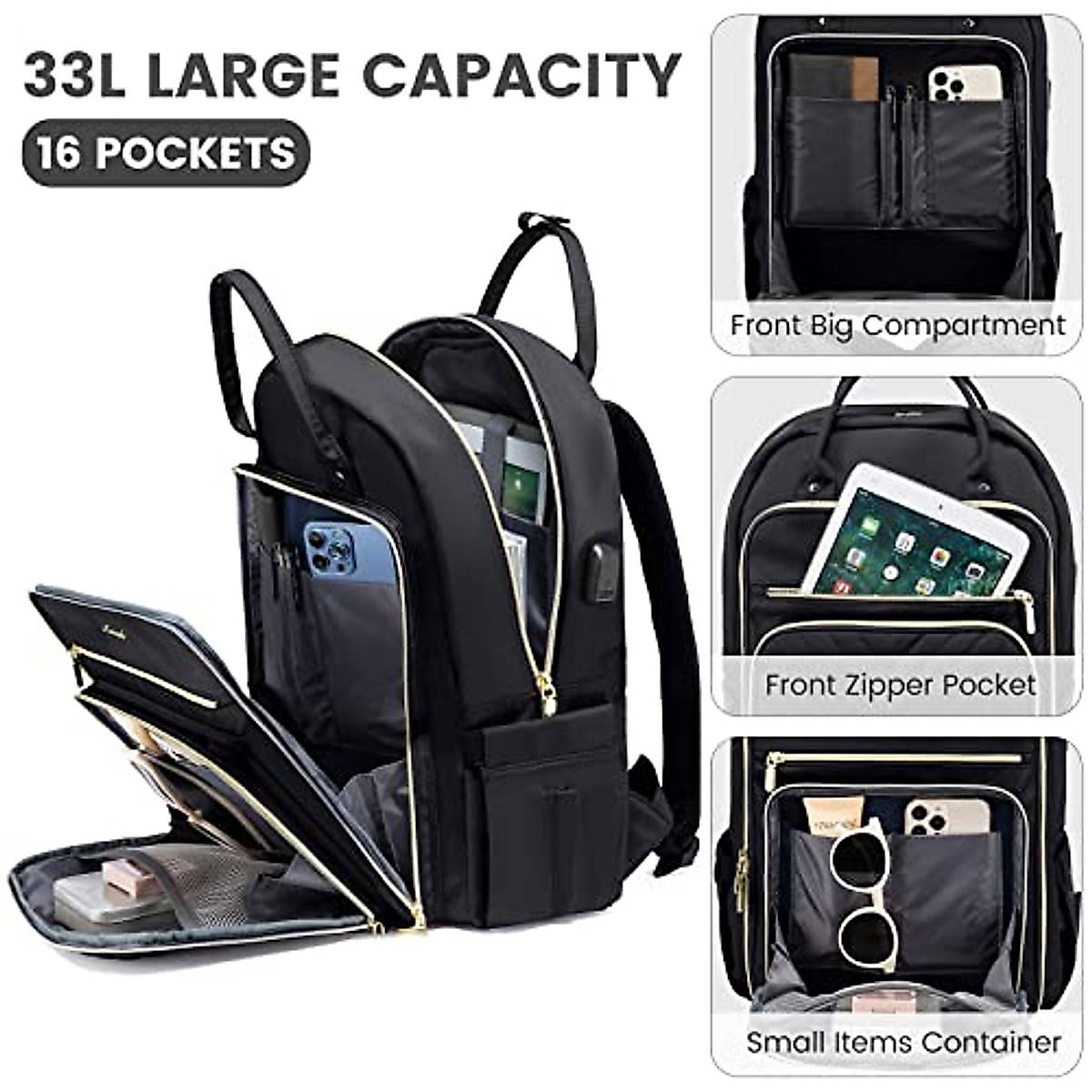 LOVEVOOK Laptop Backpack Women Teacher Backpack,17.3 Inch Laptop Bag with USB Port,Waterproof Daypack for Work Travel,Black
