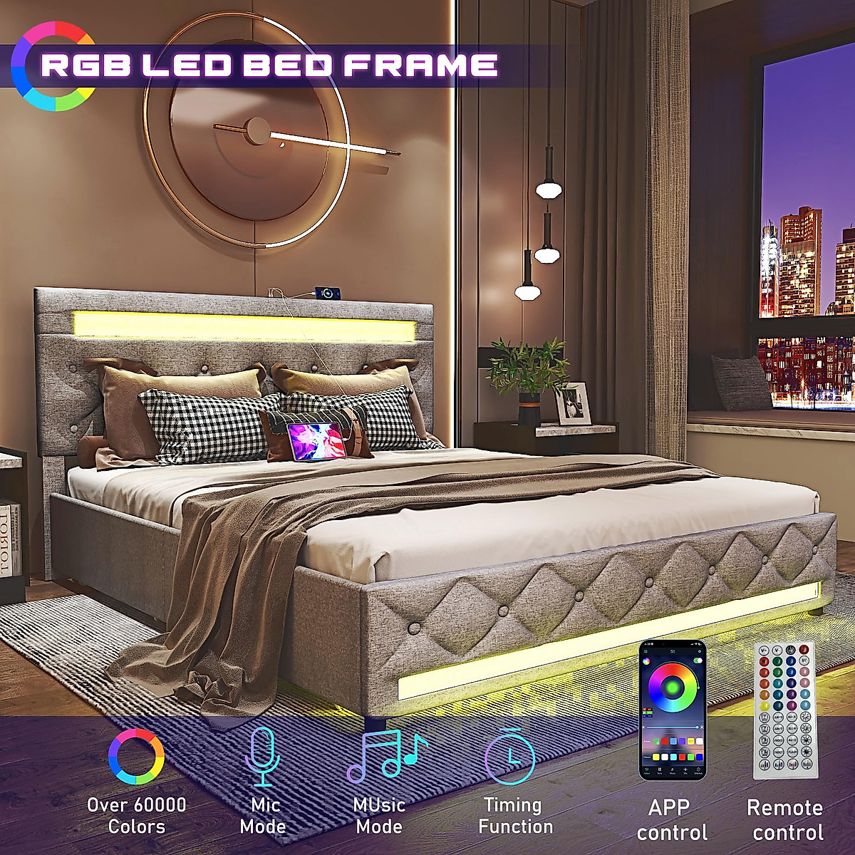 HOMFAMILIA Full Bed Frame with Headboard and Drawers, LED Bed Frame with Adjustable Storage & LED Lights Headboard, Upholstered Platform Bed with 2 USB Ports, No Box Spring Needed, Light Grey