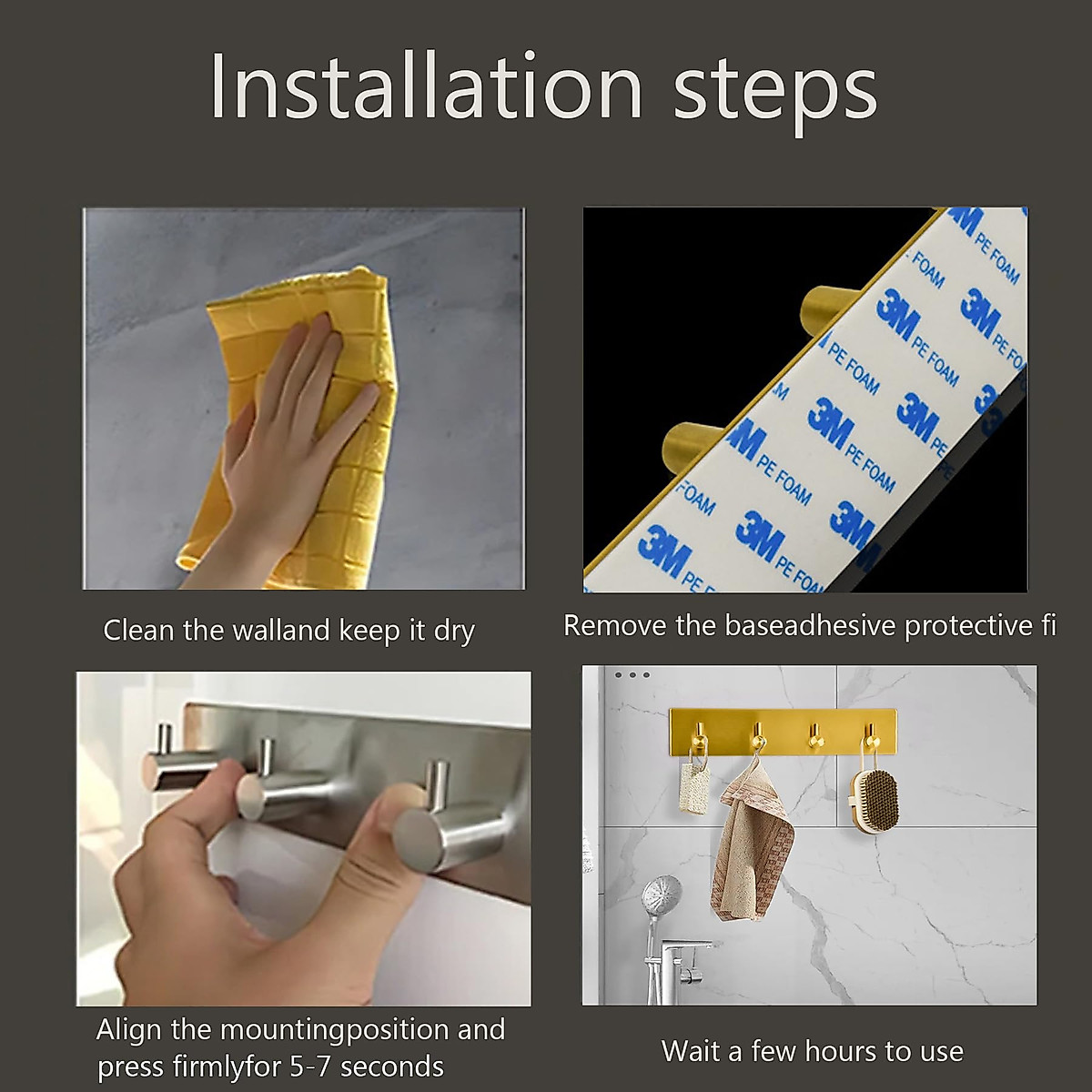 Kingdong Key Holder for Wall 304 Stainless Key Hooks Adhesive Key Holder Wall Mount Key Hanger with 4 Heavy Duty Hooks Key Organizer for Kitchen, Bedroom, Bathroom (Gold)