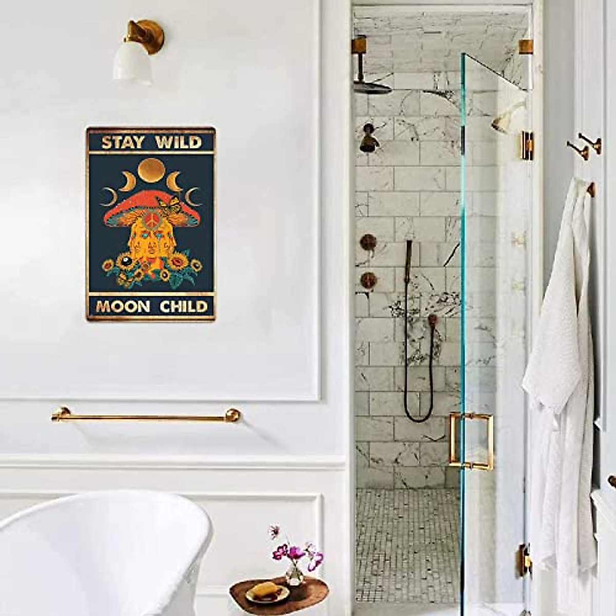 SGYJW Hippie Tin Sign Retro Sunflower Funny Mushroom Anti War Sign Stay Wild Moon Child Flower Child Metal Poster 8x12 Inch Iron Painting Plaque Wall Decor for Bedroom Bathroom Bar Living Room Wall Decor