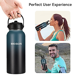 Insulated Water Bottle With Straw 32oz, Sports Water Bottle 1 Liter, Reusable Wide Mouth Vacuum 18/8 Stainless Steel Thermos Flask, Double Wall, BPA-Free (Deep Blue & Black, 32oz)