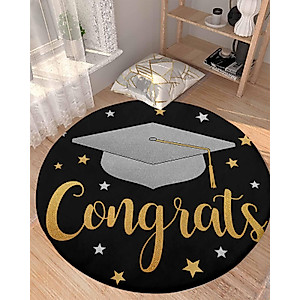Graduation Cap Fluffy Round Area Rug Carpets 3ft, Plush Shaggy Carpet Soft Circular Rugs, Non-Slip Fuzzy Accent Floor Mat for Living Room Bedroom Nursery Home Decor Star Black Gold Grey