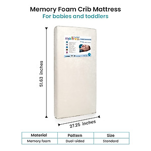 My First Memory Foam Crib Mattress, Breathable Crib Mattress with Removable and Waterproof Cover, Hypoallergenic, Standard Size, 51.63" L x 5" H x 27.25" W