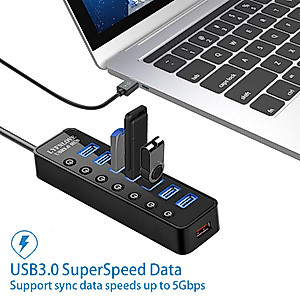USB Hub 3.0 Powered, LYFNLOVE USB Extender Multiple USB Port USB Hub Splitter for Laptop PC with Power Adapter and 1 Charging Port, USB Expander with On/Off Switches for MacBook, iMac, Surface Pro