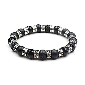 Mixed Black Stone and Sterling Silver Bracelet, Lava Stone, Matte Black, Polished Onyx, Bracelet for Men, Quality Beaded Jewelry