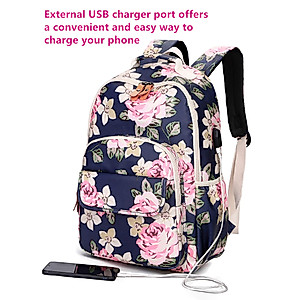 Leaper Floral School Backpack Girls Bookbag Daypack USB Charging Port Black-2