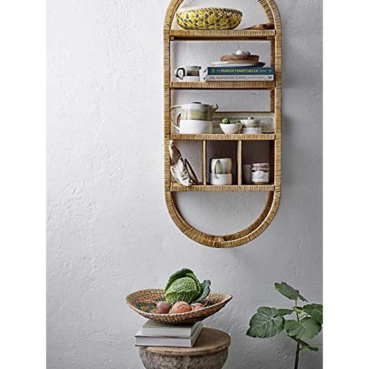 Creative Co-op DF2988 42" H Oval Rattan Wrapped 6 Compartments (Hangs Vertical or Horizontal) Wall Shelf, Beige