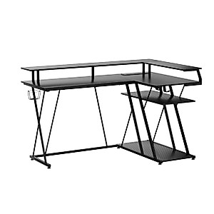 SEVEN WARRIOR L Shaped Gaming Desk with LED Lights & Power Outlets, 47” Reversible Corner Desk with Storage Shelf, Computer Desk with Monitor Stand, Gaming Table with Cup Holder, with Hooks, Black