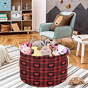 Red Love Heart Plaid Large Round Baskets for Storage Laundry Baskets with Handles Blanket Storage Basket for Bathroom Shelves Bins for Organizing Nursery Hamper Girl Boy