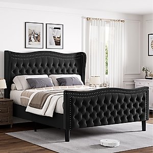 Generic Full Bed Frame, 52"" Headboard Upholstered Bed with Tall Footbaord, Velvet Upholstered Deep Button Tufted Wingback Platform Bed, No Box Spring Required/Wood Slat Support/Black
