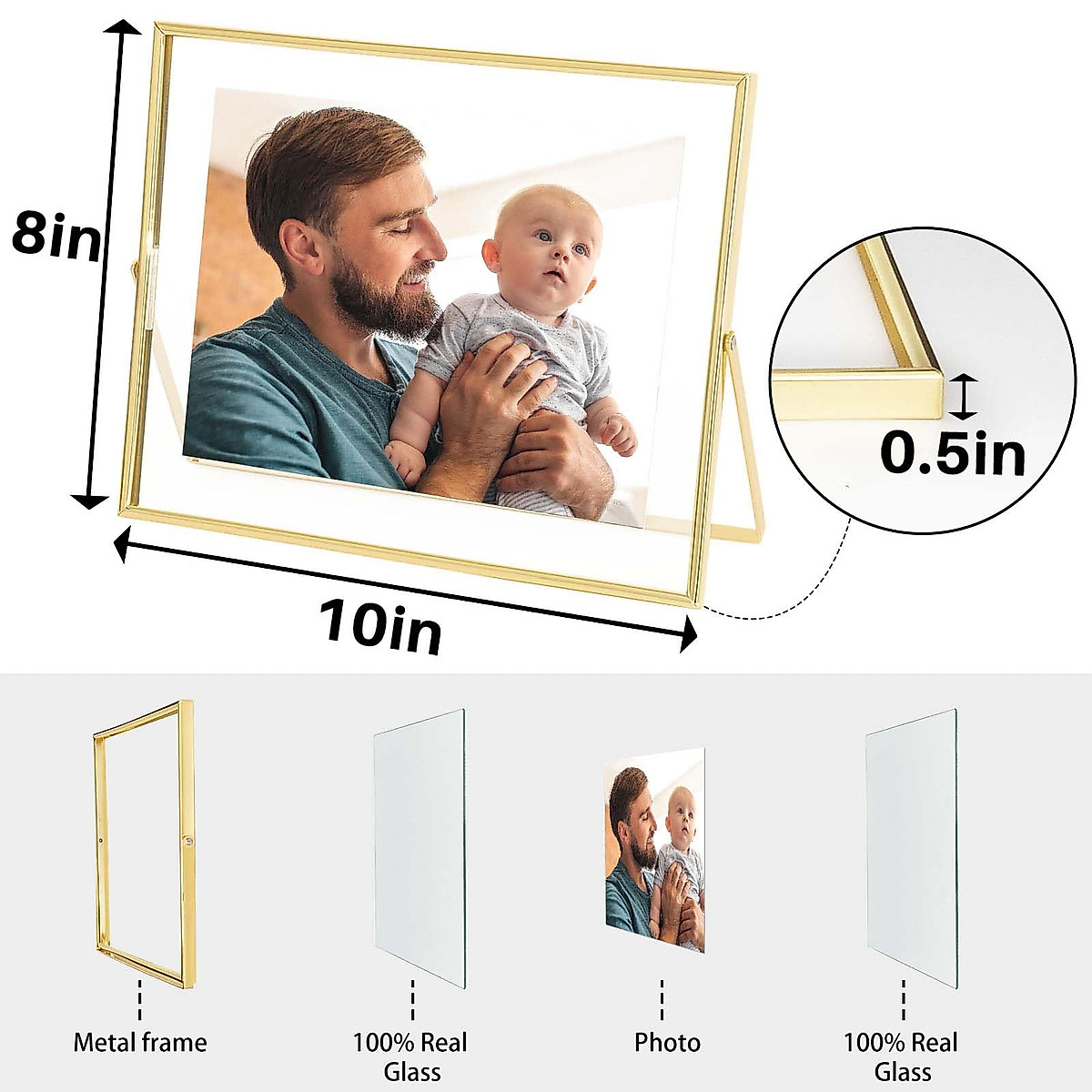 Qiannhee 8x10 Floating Frame (Horizontal), Gold Picture Frame Hold 8x10in 6x8in 5x7in Photo for Tabletop Display, Gift Choice for Festival-Glass Metal Stand Frame (Gold, 2 Pack)