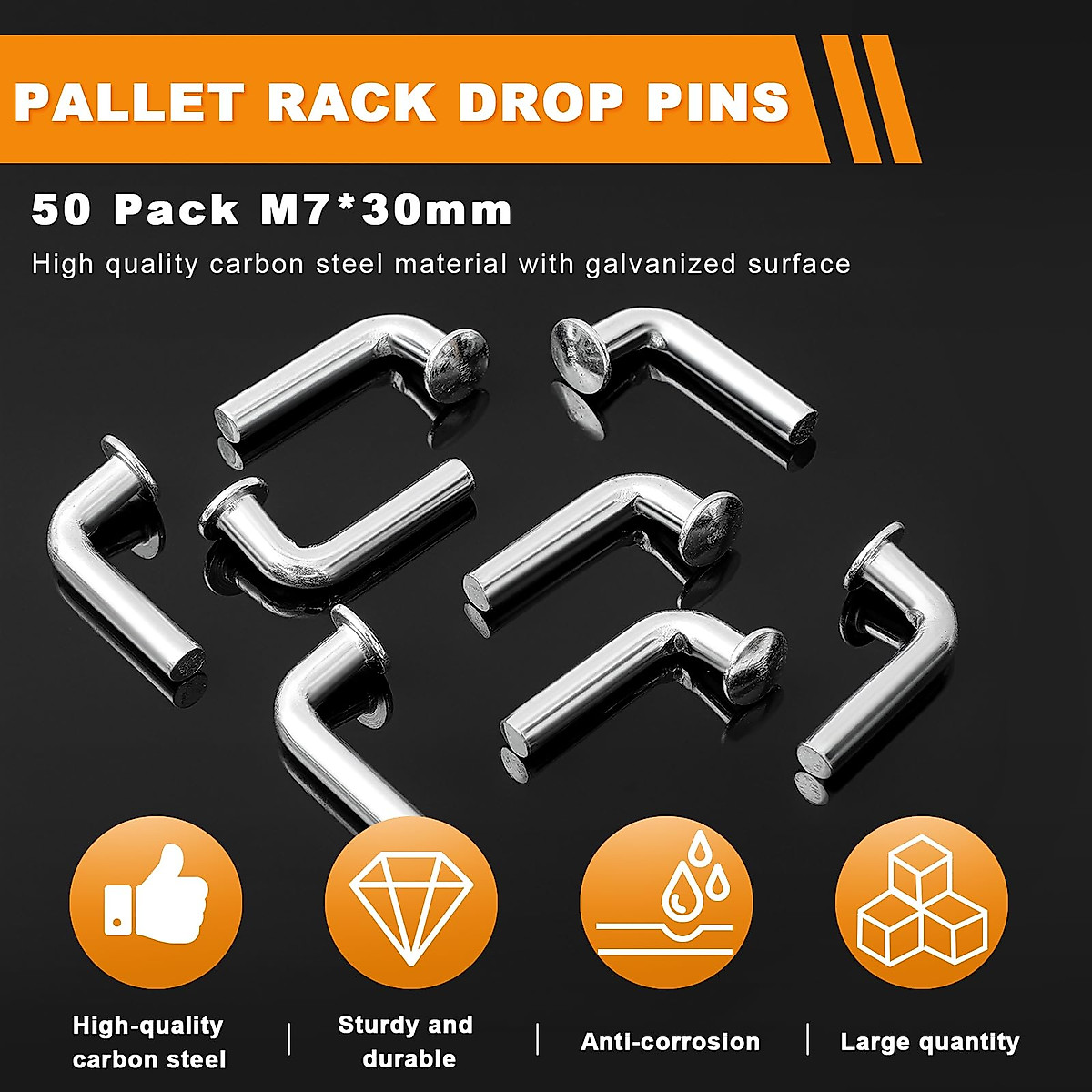 Hicarer 50 Pcs Pallet Rack Drop Pin M7x33mm Heavy Duty Pallet Rack Safety J Bolt Carbon Steel Universal Racking Pin for Warehouse Home Pallet Racks and Shelving Units