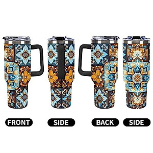 40 Oz Traditional Mexican Pattern Insulated Stainless Steel Tumbler with Handle & Straw Lid, Reusable Travel Cupholder Friendly Mug for Coffee, Water, Tea