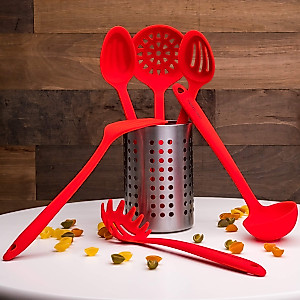 Culinary Couture Red Silicone Cooking Utensils Set of 6, Non-Stick Heat-Resistant Silicone Kitchen Utensils Set with Steel Inner Core