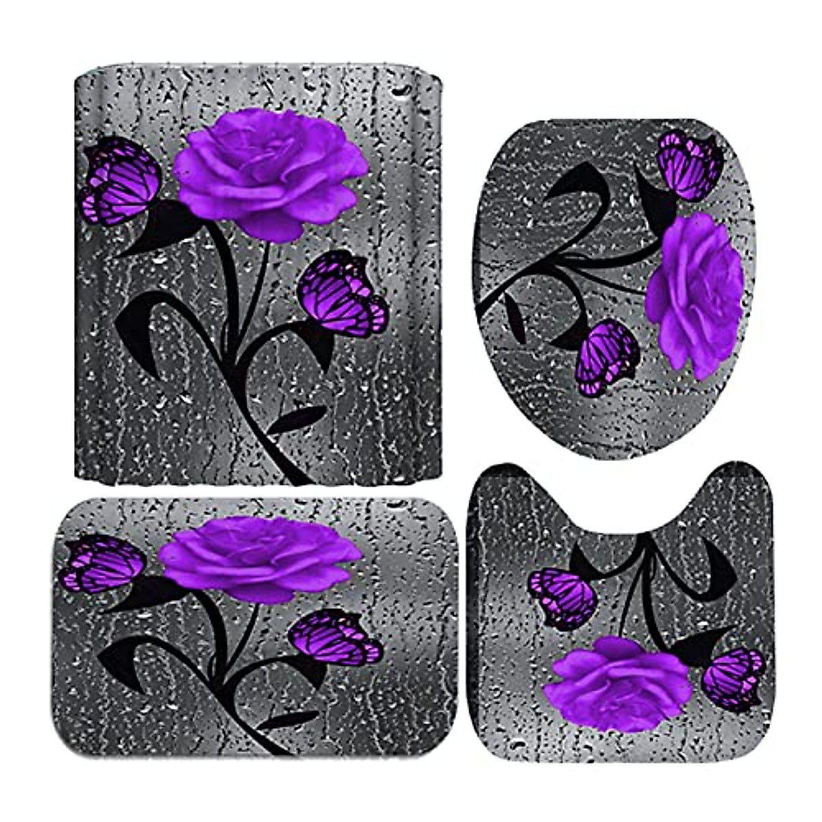 FOFOTOP 4Pcs Shower Curtain Set,Rose Shower Curtain Sets(with Non Slip and Soft Rugs,Bath Mat,U Shape and Toilet Lid Cover Mat) Polyester 70inch X 70inch