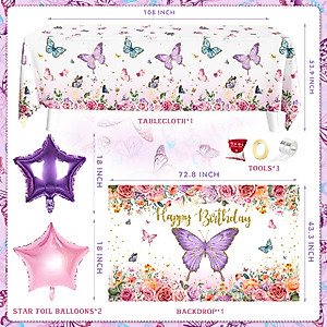 Butterfly Birthday Decorations Party Supplies for Girls Women with Pink Purple Balloon Arch Kit Backdrop Tablecloth Butterfly Wall Decor Foil Balloons Cake Toppers