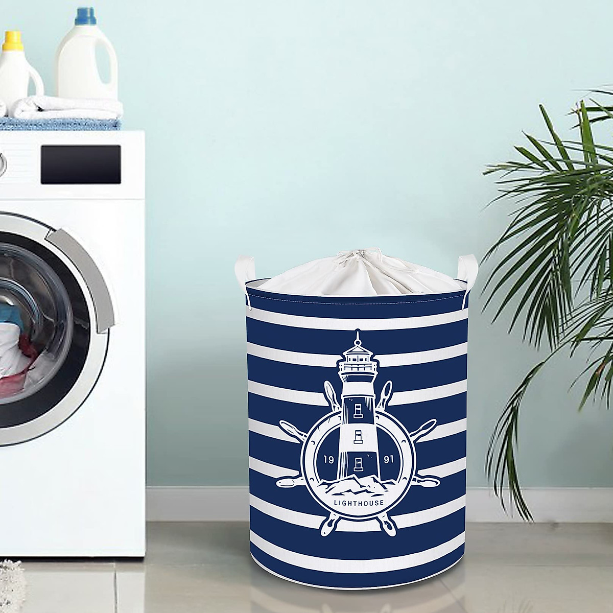 Clastyle 45L Nautical Compass Laundry Hamper Waterproof Collapsible Navy Stripe Laundry Baskets with Drawstring Bedroom Living Room Nursery Storage Basket with Handle, 14 * 17.7 in