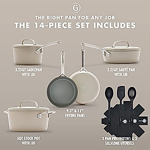GreenPan GP5 Hard Anodized Healthy Ceramic Nonstick 14 Piece Cookware Pots and Pans Set,Heavy Gauge Scratch Resistant,Stay-Flat Surface, Induction, Mirror Finish Handle,Oven Safe,PFAS-Free,Taupe