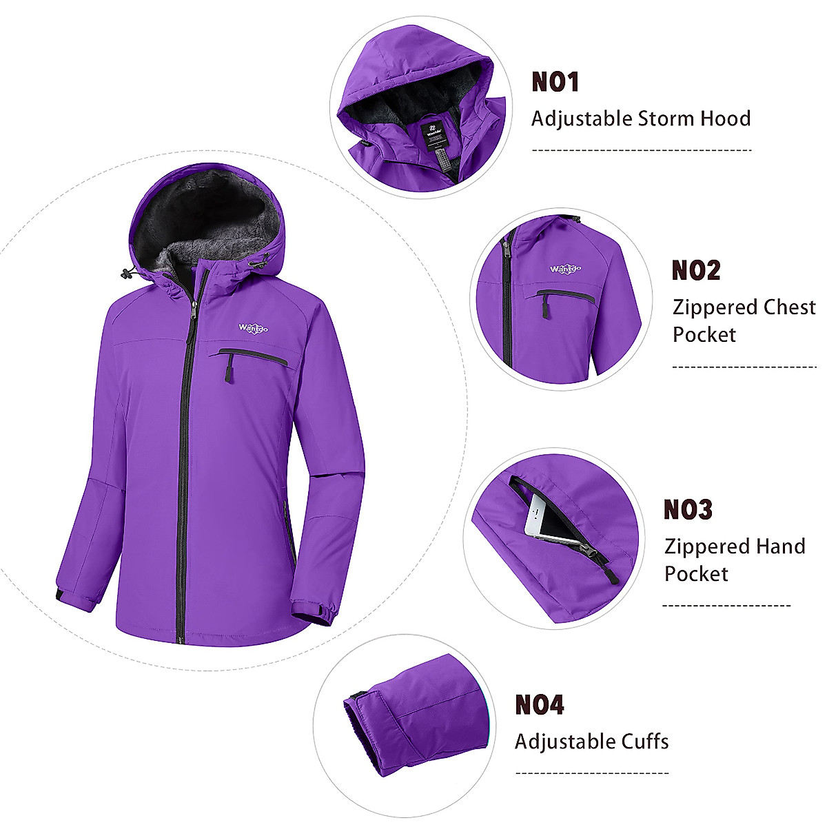 wantdo Women's Windproof Ski Jacket Cotton Padded Raincoat Windbreaker Purple S