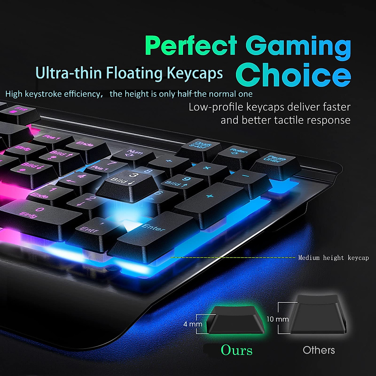 HovingTech Gaming Keyboard, USB Wired Keyboard with Metal Panel Rainbow Backlight, LED Illuminated Ergonomic Wrist Rest, Shortcuts, 19-Key Anti-Ghosting, Laptop & Desktop PC Computer Black
