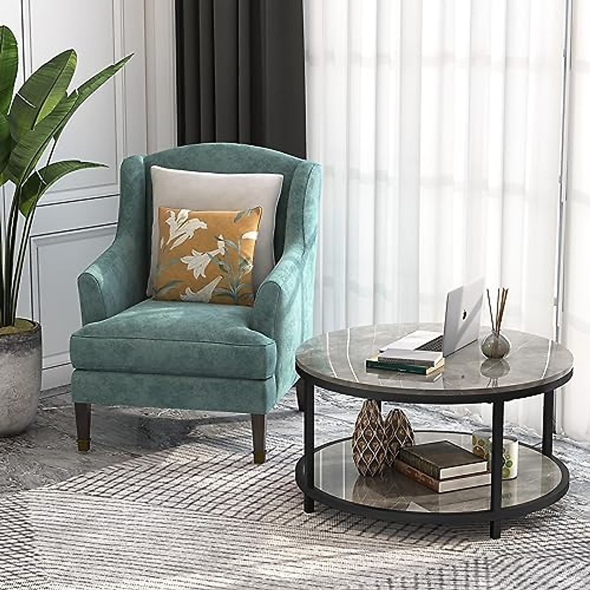 WiberWi Round Coffee Table 33.5" Coffee Tables for Living Room High Glossy Faux Marble Top Modern Circle Table Sturdy Black Metal Frame Legs Cocktail Table with Storage Open Shelf