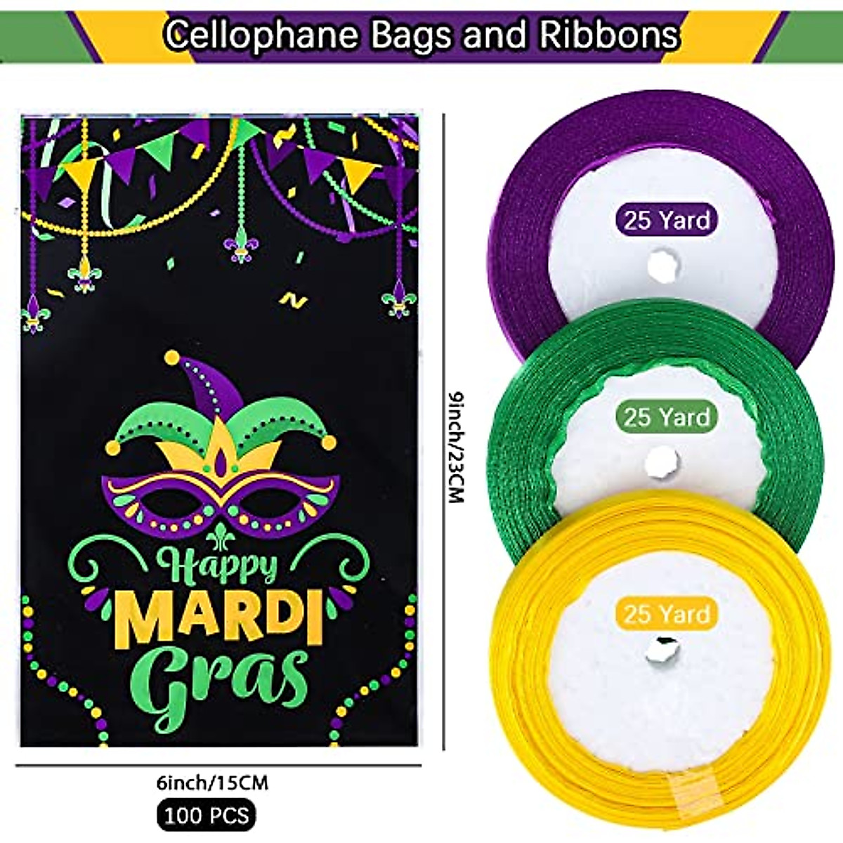 Whaline 100Pcs Happy Mardi Gras party Bags Masquerade Mask Pattern Cellophane Bag with Purple Green Yellow Ribbon Carnival Goodie Cookie Treat Bags for New Orleans Mardi Gras Party Favor Supplies