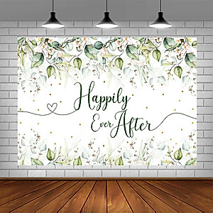 AIBIIN 7x5ft Happily Ever After Backdrop for Wedding Eucalyptus Leaves Gold Dots Photography Background Bridal Shower Wedding Party Decorations Banner Photo Props