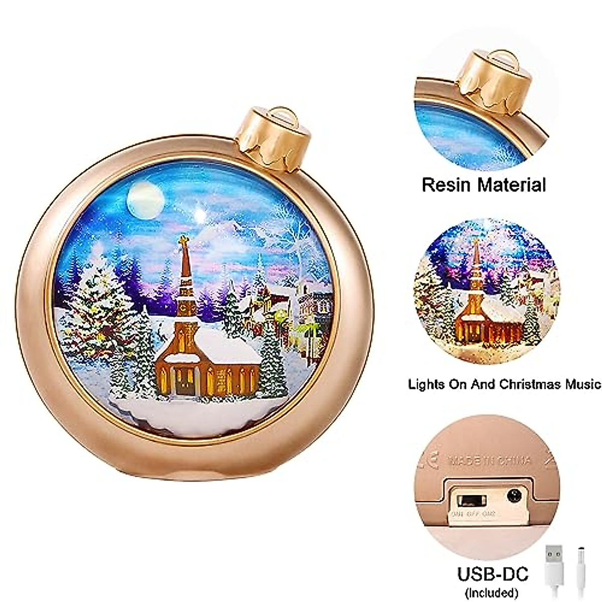 Big Christmas Snow Globes Lighted,6H Timer Snow Globes Bling Snow Globes Christmas Music Box 8 Songs, Golden Round Lantern with Xmas Tree