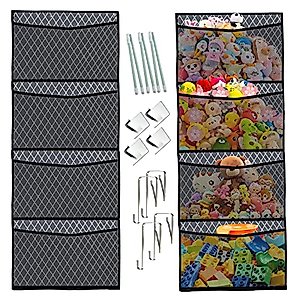 Stuffed Animal Storage，Hanging Stuffed Animal Storage，Plush Toy Storage Bag 4 Extra Large Capacity Breathable Grids with 4 Metal Door Head Hooks and Self Adhesive Wall Hooks for Toys, Clothes