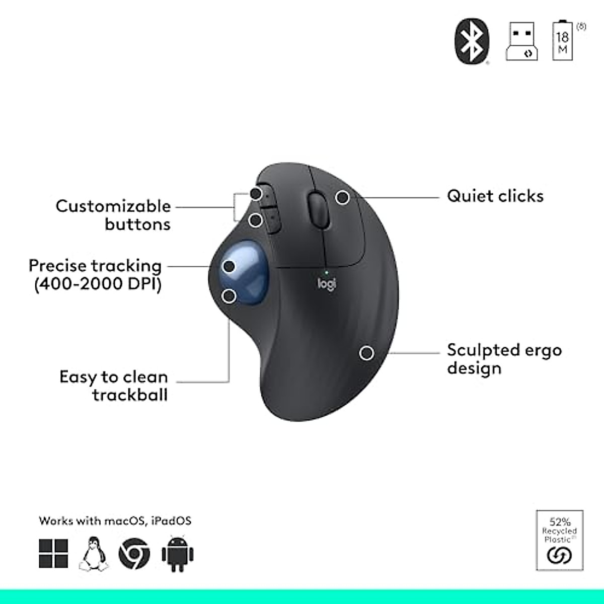 Logitech Ergo M575 Wireless Trackball for Business - Easy Thumb Control, Ergonomic Design, Secured Logi Bolt, Bluetooth, Globally Certified, Windows/Mac/Chrome/Linux - Graphite