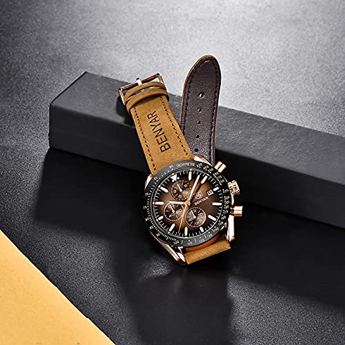 BY BENYAR Men Watches Chronograph Analog Quartz Waterproof Luminous Watch for Men Business Work Sport Stylish Casual Brown Leather Band Men's Wrist Watches Elegant Gifts for Men Father's Day