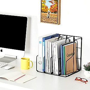 EasyPAG Desk Organizers Metal Desktop Magazine File Holder with 4 Vertical Compartments Rack File Organizer for Office Workspace,Black