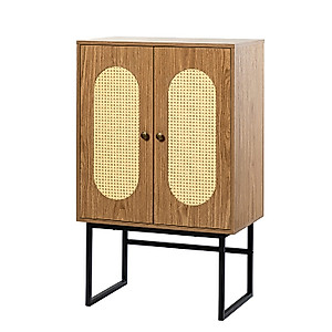 Farmhouse Storage Cabinet Solid Wood Sideboard Accent Cabinet 2 Rattan Doors Buffet Cabinet Locker with Interior Shelves & Black Metal Base for Entryway Living Room Bedroom Dining Room (Brown)