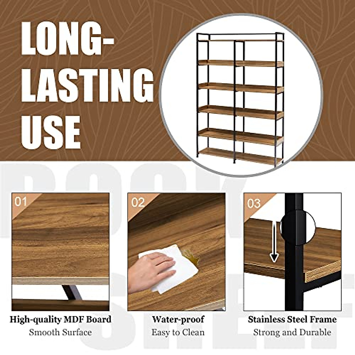 Merax 6-Tier Tall Bookshelf Bookcase, Freestanding Open Large Vintage Industrial Storage and Display Shelves for Home Office