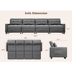 Aiho Pull Out Couch - 4-Seater Sectional Sleeper Sofa, Convertible with Adjustable Backrest & Spring Support for Living Room, Dark Grey