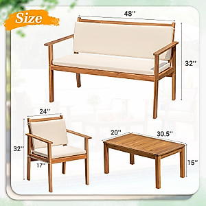 Greesum 4 Piece Bistro Patio Furniture Outdoor Chat Chair Set with Water Resistant Cushions and Coffee Table for Beach Backyard Garden, Acacia Wood