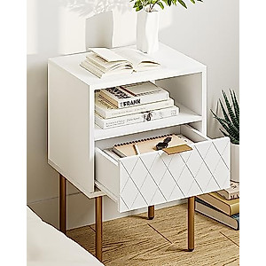 Aobafuir Nightstand, Drawer Dresser for Bedroom, Small Side Table with Drawer, Bedside Furniture, Night Stand, End Table with Gold Frame for Bedroom,Living Room,White