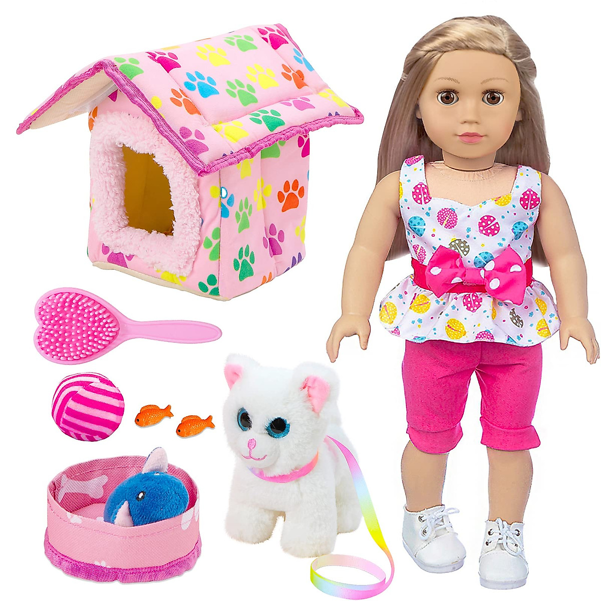 ZNTWEI American Doll Clothes and Accessories - Pet Kitty Play Set fit American 18 Inch Doll Including 18 Inch Doll Clothes, Pet Nest, Cat Pot, Toy Ball, Hair Comb, Toy Fish