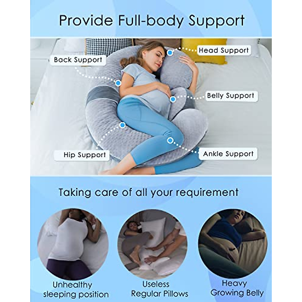 QUEEN ROSE Pregnancy Pillows, E Shaped Full Body Pillow for Sleeping, with Pregnancy Wedge Pillow for Belly Support, 60 Inch Maternity Pillow for Side Sleeper, Grey Bubble Velvet