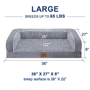 Yiruka Dog Beds for Large Dogs, Grey Large Dog Bed, Washable Dog Bed with Removale Bolsters, Waterproof Orthopedic Egg-Crate Foam Dog Bed with Nonslip Bottom, Up to 65 lbs