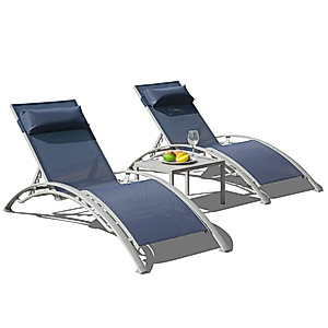 Domi Pool Lounge Chairs Set of 3, Adjustable Aluminum Outdoor Chaise Lounge Chairs with Metal Side Table, All Weather for Deck Lawn Poolside Backyard -Navy Blue Textilene