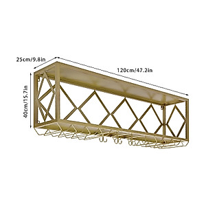 LiFuJunDong Wall-Mounted Bar Unit Floating Shelves Multifunctional Iron Bottle Holder Hanging Wine Rack with Partitions Inverted Wine Glass Rack for Bar Cafe Kitchen (Gold)