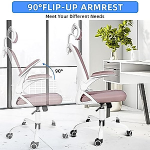 Mimager High Back Office Chair, Mesh Office Chair with Lumbar Support, Desk Chairs with Wheels, Adjustable Headrest, Task Chair Flip-Up Arms, Executive Office Chair for Home, Pink