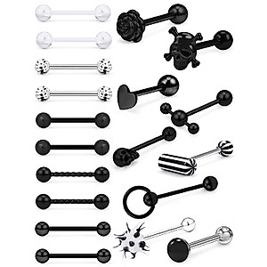 Leiainely Black 14g 14 Gauge Metal Plastic Silicone Acrylic Balls Tongue Rings Piercing Jewelry Aretes para La Lengua for Women Men Surgical Stainless Steel