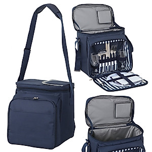 2 Person Blue Tartan Insulated Picnic Bag Set W/Cooler Section