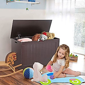 Saturnpower 30 inches Kids Wooden Toy Chest Storage Space with 2 Safety Hinge Modern Decorative Toys Bench Box for Playroom Bedroom Living Room (Brown)