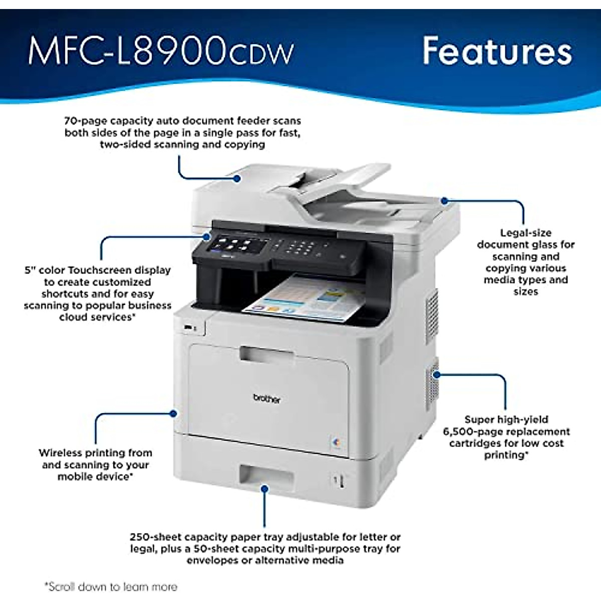 Brother Color MFC-L8900CDW Wireless All-in-One Laser Printer for Home Office - Print Copy Scan Fax - 33 ppm, 2400 x 600 dpi, 5" Touchscreen LCD, Duplex Printing, 70-Sheet ADF, NFC, Ethernet