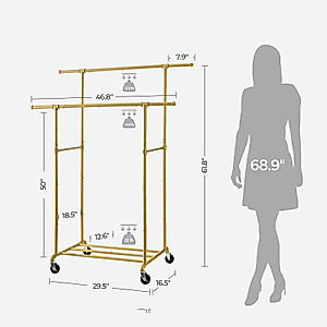 FOUCSSOMEI Heavy Duty Clothes Rack, Rolling Clothes Rack, Clothing Rack with Wheels,Clothing Hanger Organizer, Double Rod, Max 400Lbs, for Closet Bedroom Yard Sale, Commercial Grade, Gold
