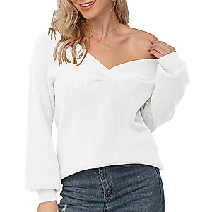Feiersi Women's Off Shoulder Sweater Long Sleeve Loose Tops V-Neck Pullover Knit Jumper(White,Large)