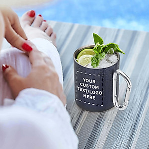 Custom Stainless Steel Mugs with Carabiner Handle 10 oz. Set of 10, Personalized Bulk Pack - Perfect for Coffee, Soda, Other Hot & Cold Beverages - Navy Blue